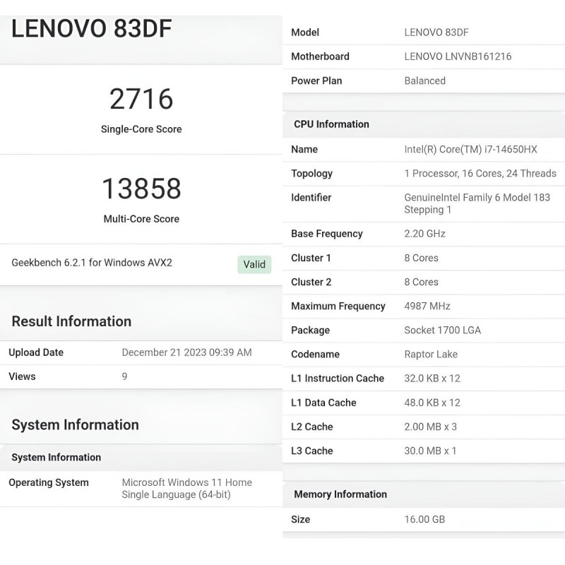 Intel Core i7-14650HX замечен на Geekbench вместе с игровым ноутбуком ...